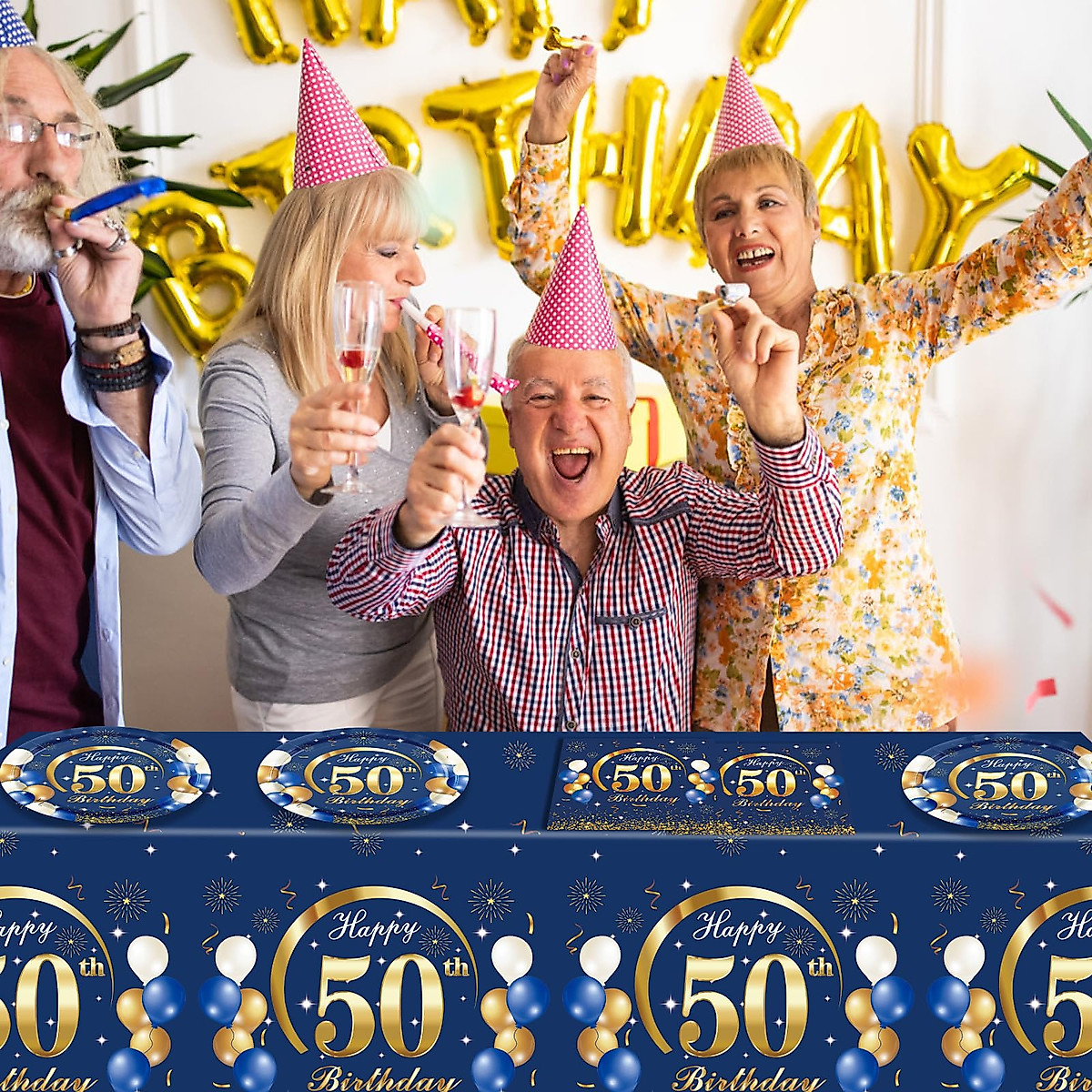 41PCS 50th birthday decorations men Navy Blue and Gold 50th Anniversary Decorations Disposable Tableware Include Plates Napkins Tablecloth Serve 20
