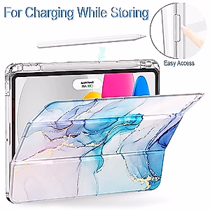 iPad Air 5th Generation case, Feams Slim Trifold iPad Air 5th/4th Generation 10.9 Inch 2022/2020 Case Clear Back Cover with Auto Sleep/Wake & Pencil Holder for iPad Air 5/4, Watercolor Marble
