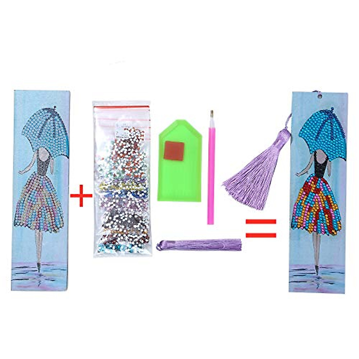 Diamond Painting Bookmarks Kits Balley Girl in Rain Umbrella Tassel Bookmark Art Craft 5D Special Shaped Crystal Rhinestones Bookmark for Kids Adults Beginner Students Gift (21x6cm)