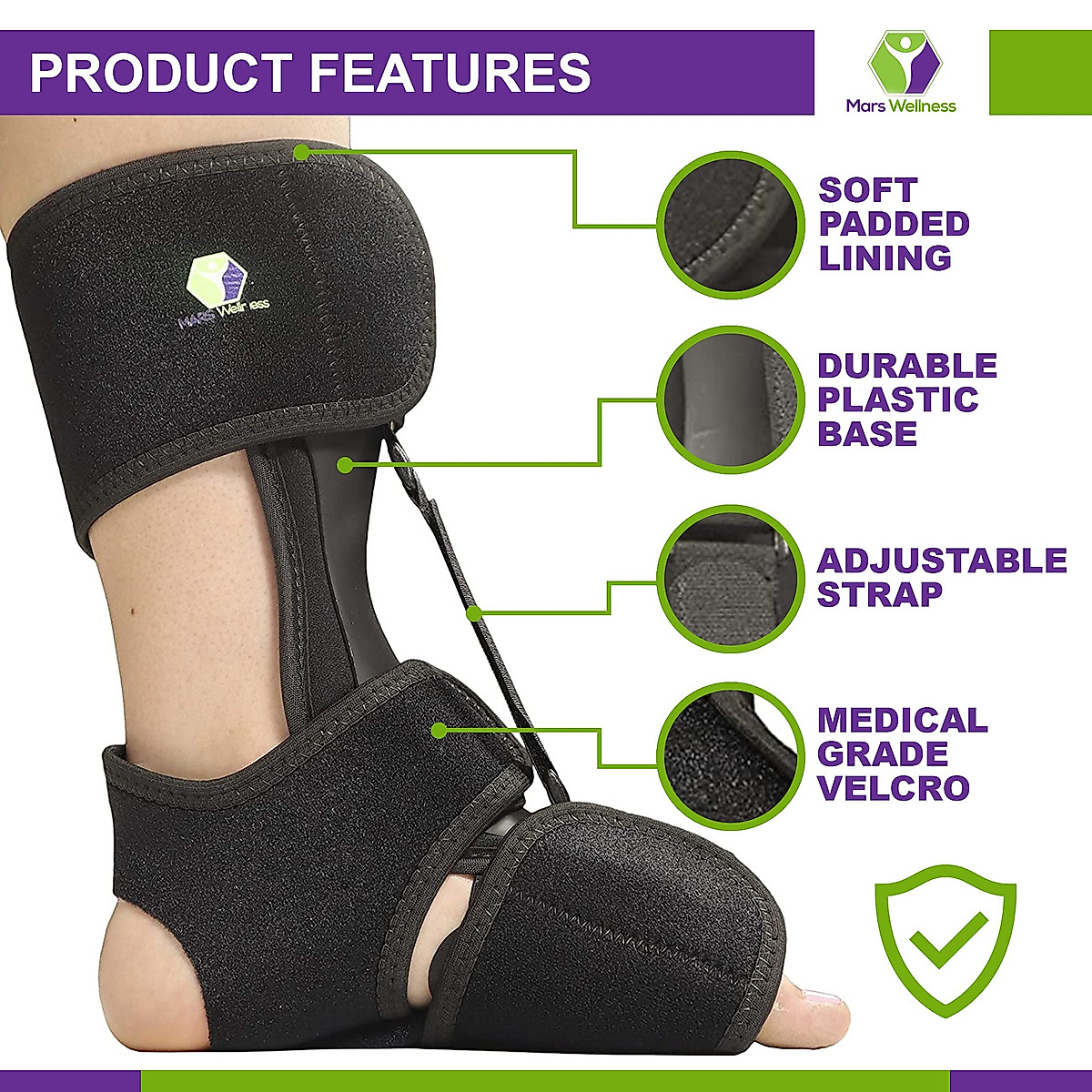 MARS WELLNESS Comfort Dorsal Night Splint - Pain Relief from Plantar Fasciitis, Drop Foot, and Achilles Tendinitis - Large