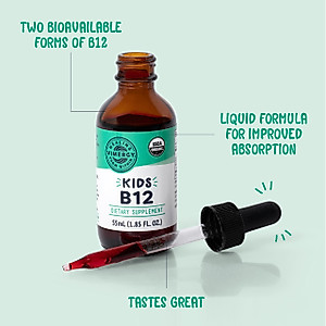 Vimergy Kids Organic Liquid B12 – Promotes Physical Development & Cognitive Function* – Fast-Absorbing Immune Support* – USDA Organic, Vegan, Non-GMO – 55 mL