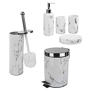 Home Basics Marble Ceramic 4 Piece Bath Accessory Set, White | Faux Marble Toilet Brush Set, White | Faux Marble 3 Liter Waste Bin, White