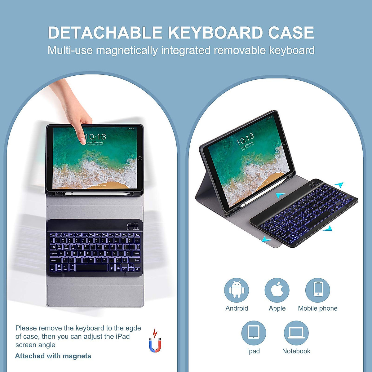 iPad Keyboard Case for Air 3rd Gen 10.5" (2019), iPad Pro 10.5" (2017), iPad 9th/8th/7th 10.2'', Magnetic Detachable Wireless Bluetooth Keyboard, Smart Keyboard Case with Back-lit and Pen Holder,Black
