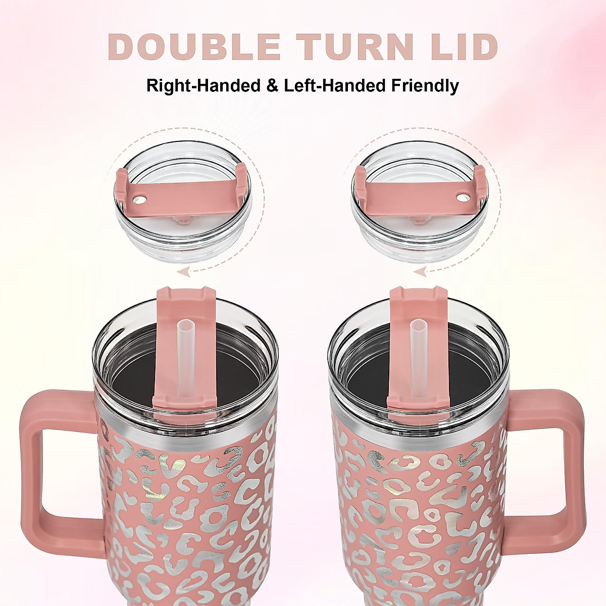 FECBK 40 oz Tumbler with Handle and Straw, 100% Leak-Proof Travel Mug, Stainless Steel Double Wall Vacuum Insulated Coffee Cup Keeps Cold For 34 Hours, Dishwasher Safe, Canyon Clay Leopard