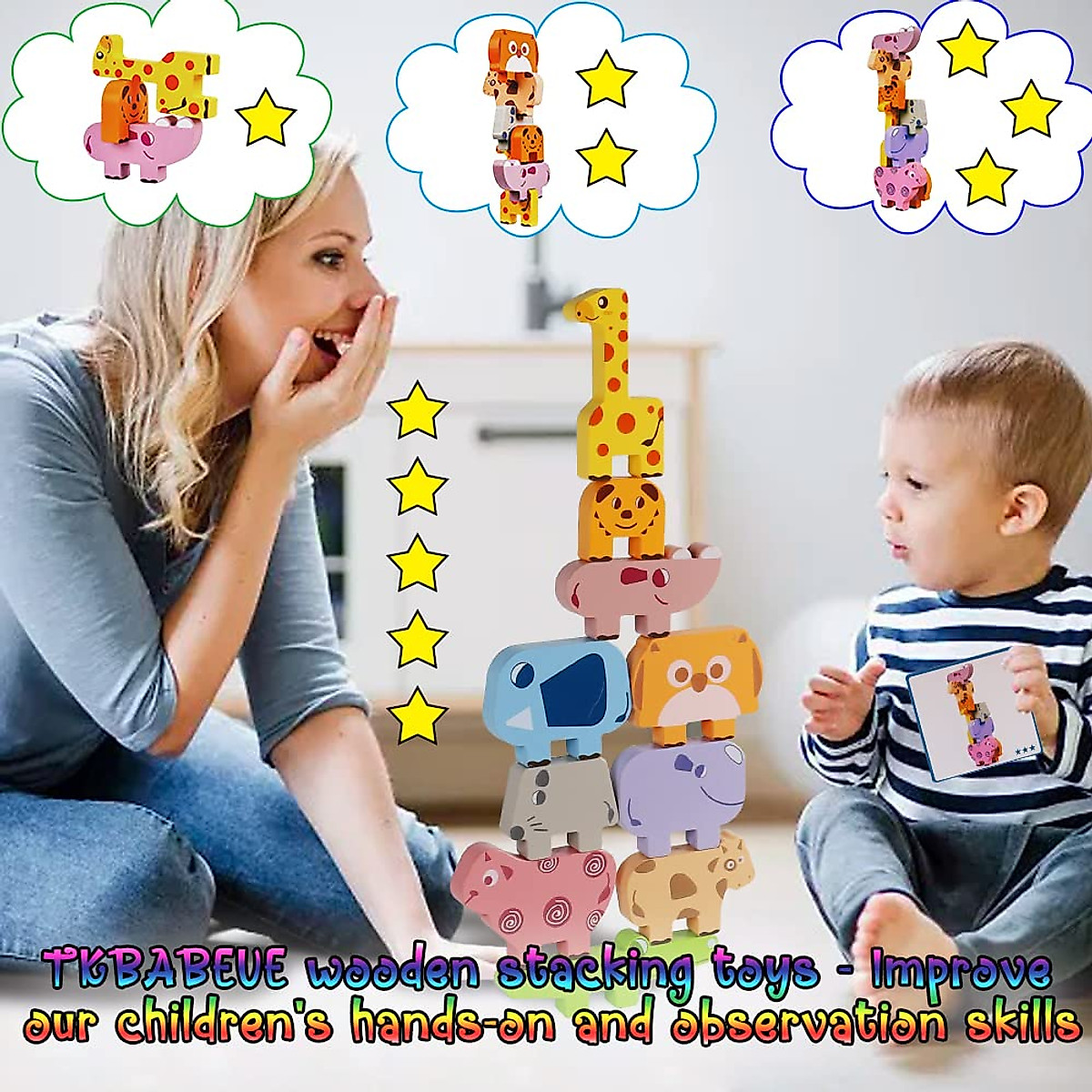 TKBABEUE Wooden Blocks Stacking Toys Age 18+ Months Old, 10 Montessori Animals Stacker Building Puzzle with 10 Pcs Level Cards 1 Bag STEM Preschool Learning Educational Games Activities Gifts Toddler