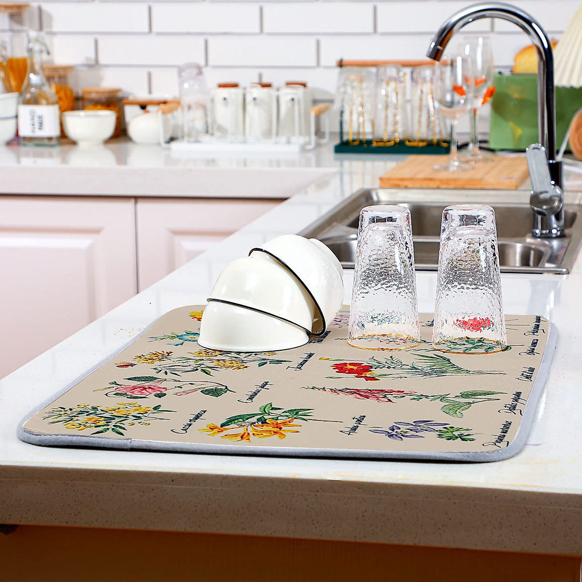 18 x 24 Inch Kitchen Drying Mat Flower Herbs Dish Drying Mats for Kitchen Counter Dish Drying Pad Plant Absorbent Reversible Microfiber Leaves Plant Dish Mat for Drainer Rack Coffee Bar Decor