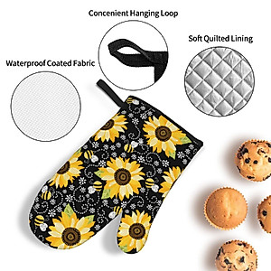 Sunflower Bees Oven Mitts and Pot Holders Sets of 4 High Heat Resistant Oven Mitts with Oven Gloves and Hot Pads Polyester Potholders for Kitchen Baking Grilling BBQ Non-Slip Cooking Mitts