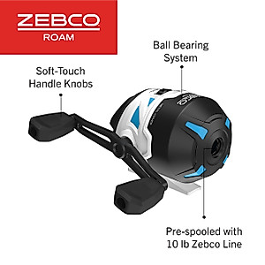 Zebco Roam Spincast Fishing Reel, Size 30 Reel, Changeable Right or Left-Hand Retrieve, Pre-Spooled with 10-Pound Zebco Fishing Line, Stainless Steel Front Cover, Blue