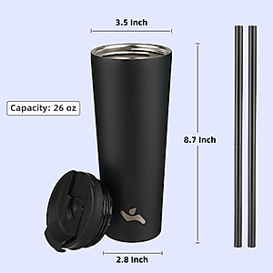 Konokyo 26 OZ Insulated Tumbler with Lid and 2 Straws Stainless Steel Water Bottle Vacuum Travel Mug Coffee Cup,Black