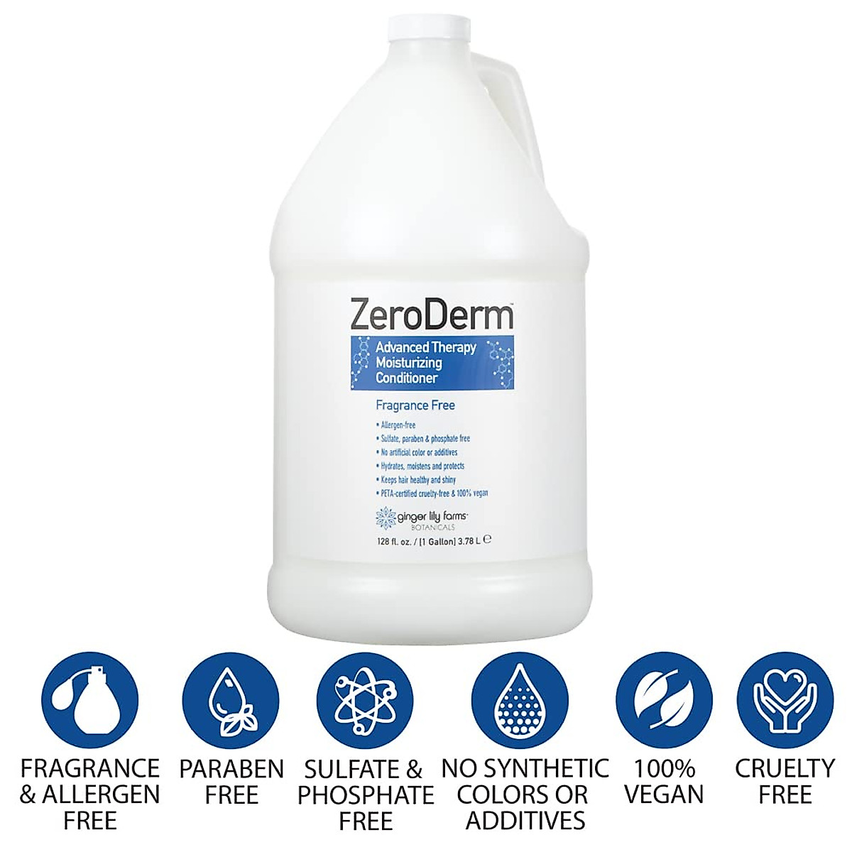 Ginger Lily Farms Botanicals ZeroDerm Advanced Therapy Moisturizing Conditioner for All Hair Types, 100% Vegan, Cruelty and Fragrance Free, 1 Gallon Refill, White, Unscented, 128 Fl Oz
