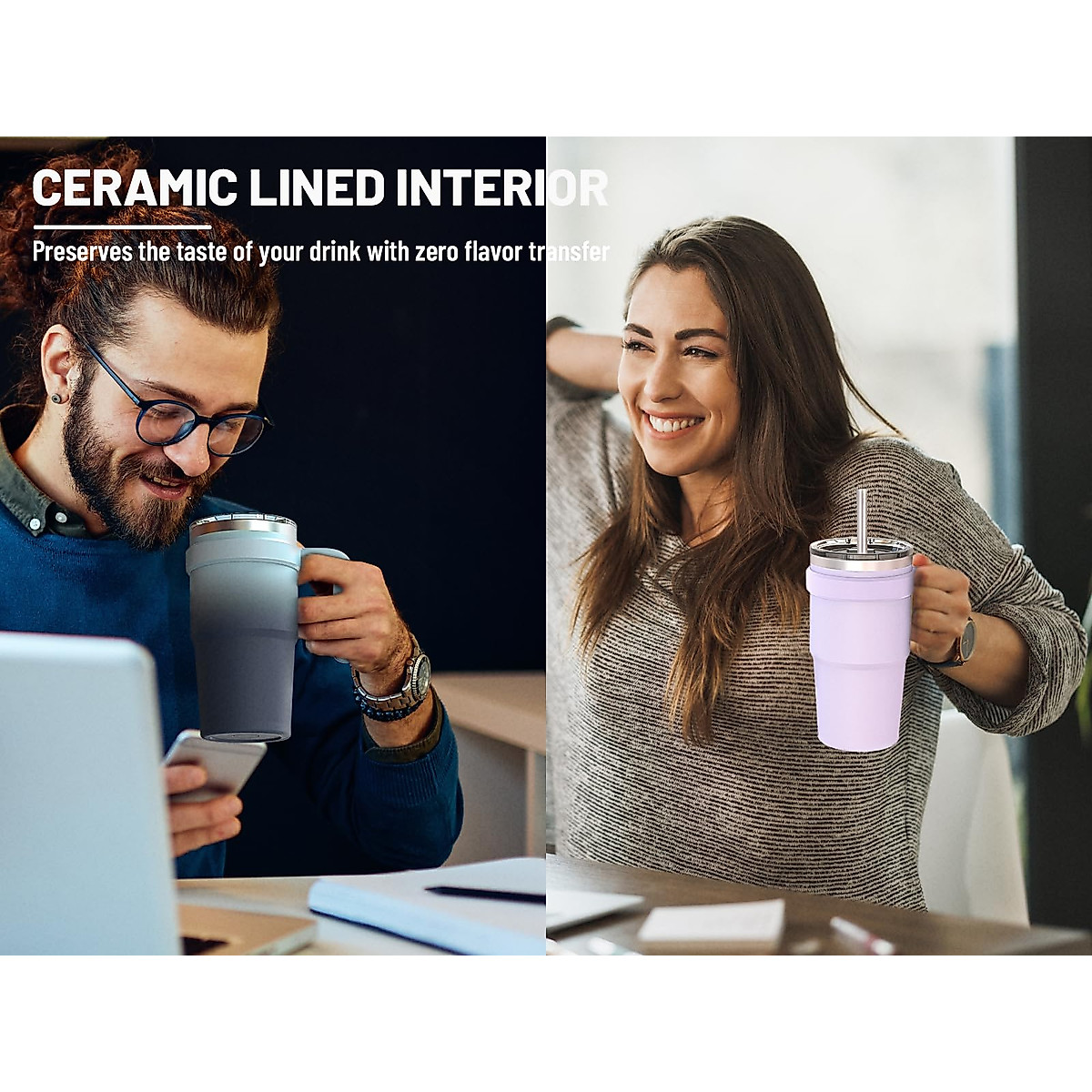 Zukro 20 oz Insulated Tumbler With Handle, Ceramic Interior Coating, No Metallic Aftertaste, Vacuum Stainless Steel Travel Coffee Cup with Lid and Straw, Keep Drinks Hot & Cold For Pure Taste