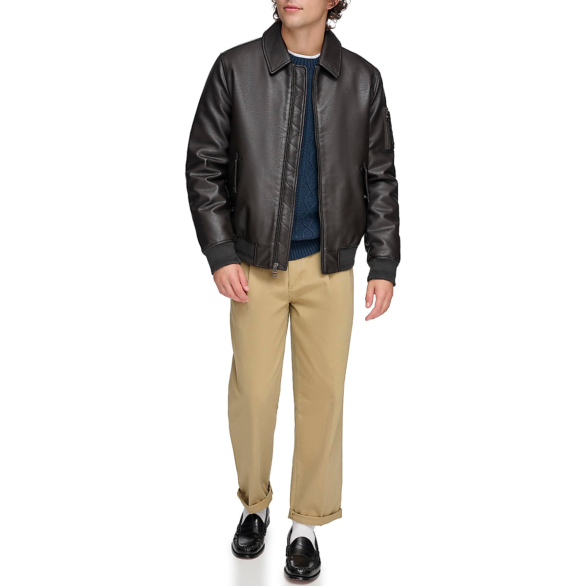 Tommy Hilfiger Men's Smooth Lamb Touch Faux Leather Unfilled Bomber, Dark Brown Laydown Collar, Large
