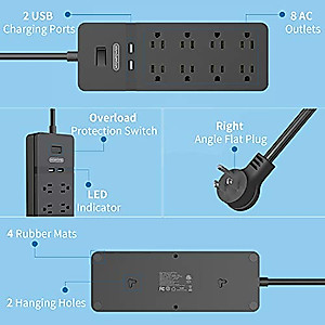 25 ft Extension Cord Flat Plug, NTONPOWER 8 Outlet Surge Protector Power Strip with USB Ports, 15A Circuit Breaker, Wall Mount Surge Protector for Home, Office, Workbench or Garage, ETL Listed, Black