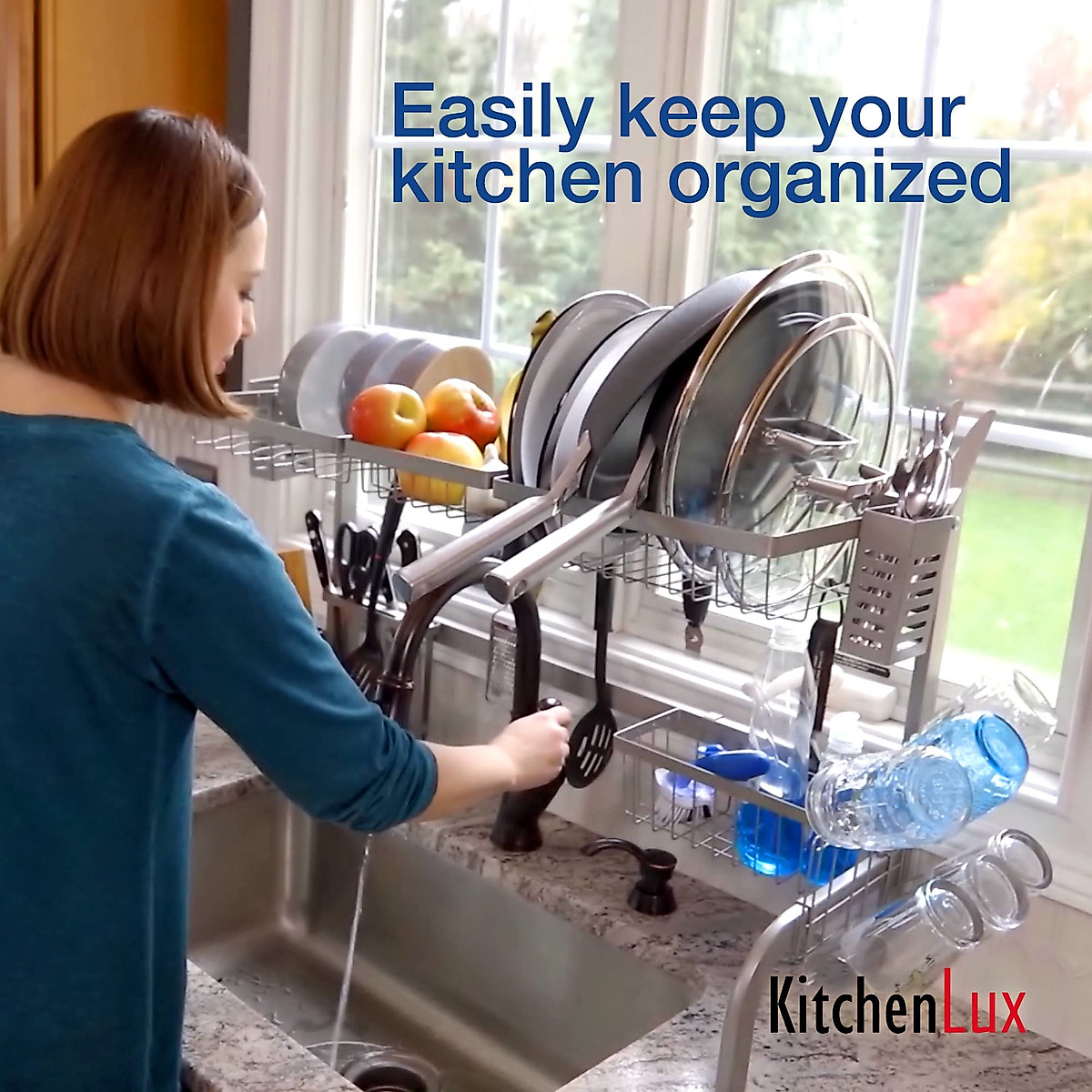 Kitchen Lux Over The Sink Dish Drying Rack - Kitchen Counter Dishes Drainer and Hanging Storage Organizer for Single, Wide, Double Sinks - Space Saving Design, Utensil Holder, Hooks Plate & Cup Rack