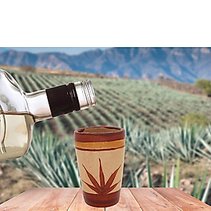MEXTEQUIL - Tequila Shot Glasses - Set of 4 Terracotta Mexican Shot Glasses - 2 Oz - Natural & Colorful Clay - Barro Canelo & Capulineado - Handcrafted Hand-painted (Agave)
