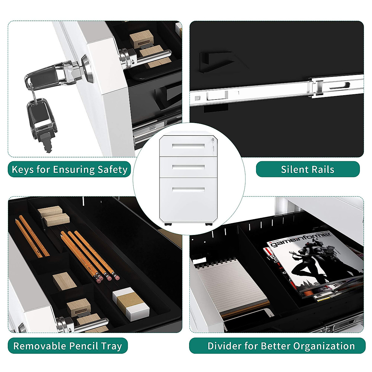 YITAHOME 3-Drawer Filing Cabinet Office Drawers with Lock, Divider and Pencil Tray, Portable Metal File Cabinet, Pre-Built Office Storage Cabinet (White)