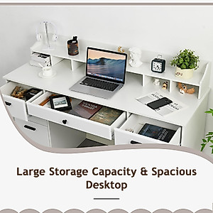 MaverickFurni White Executive Desk with Drawers, 58 Inch White Desk with Storage, Wood Computer Desk with 6 Drawers, Study Desk for Bedroom, Business Furniture Desk with File Cabinet