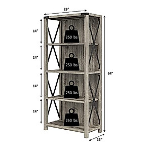 AMERLIFE 4-Tier Bookshelf, Tall Industrial Book Shelf, Rustic Wood & Metal X Frame Farmhouse Bookcase & Bookshelves for Living Room, Bedroom, Grey Wash, 64'', (bookshelf21B)