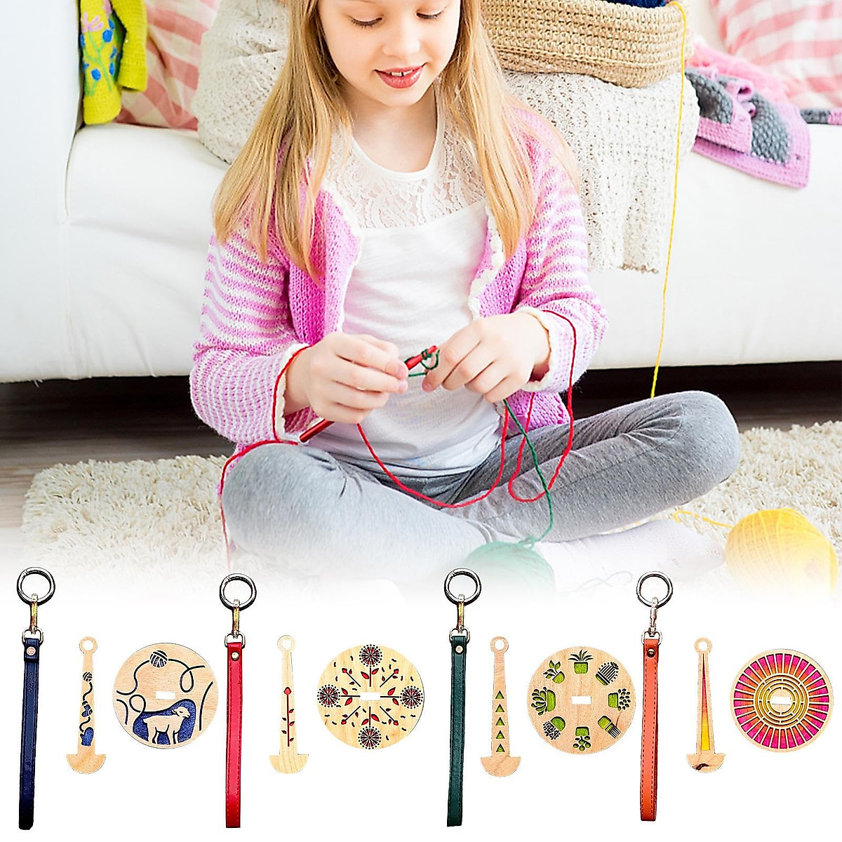 Wood Yarn Holder | Portable Wooden Yarn Holder with Wrist Strap | Knitting Crocheting Embroidery Accessories for Hats, Cardigans, Sweaters, Socks, Blankets, Handicrafts