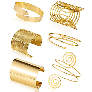 COLOYAN 6Pcs Gold Arm Cuff - Upper Arm Cuff Bangle Bracelet Set Adjustable Minimalist Simple Coil Bangle Wide Wire Grooved Cuff Open Arm Band Cuff Armlet Armlet Armband Bracelets for Women