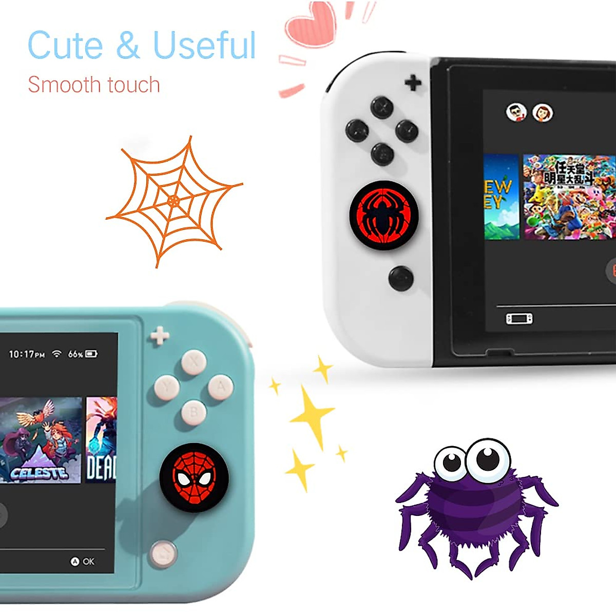 PERFECTSIGHT Spider Switch Joycon Thumb Grips, Cut Animal Joystick Caps for Nintendo Switch, 4 PCS Thumbstick Cover for Switch Lite, Switch OLED, Analog Stick Button Cover for NS Controller
