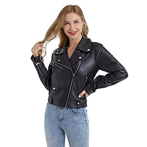 DIASHINY Black Cropped Faux Leather Jacket For Women PU Slim Zip Up Moto Biker Coat Motorcycle Crop Short Jacket 013 Medium
