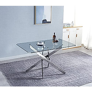 Yoluckea Modern Rectangular Glass Table Tempered Glass Dining Table with Stainless Steel Base Clear Beveled Edges Glass Kitchen Table for Home Kitchen Dining Room 51.20"W x 31.50"D x 29.50"H Silver