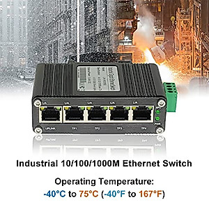 Mini Industrial 5 Ports Gigabit Switch Hardened 5 Port RJ45 10/100/1000Mbps Ethernet Switch Din Rail Mount Ethernet Switch Wall Mounts Included (-40 to 167 ºF) 10Gbps Switching Capacity