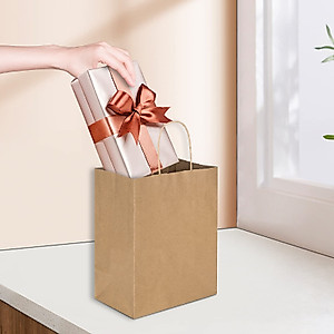 Toovip 100 Pack 8x4.75x10 Inch Medium Plain Brown Kraft Paper Bags with Handles Bulk, Gift Wrap Bags for Favors Grocery Retail Party Birthday Shopping Business Goody Craft Merchandise Take Out Sacks