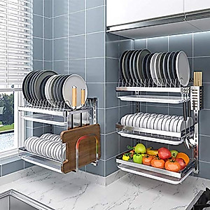 FEHUN Sinks,Wall-Mounted Kitchen Shelf,3-Layer 201 Stainless Steel Drain Rack,Dish Rack on The Wall Without Perforation