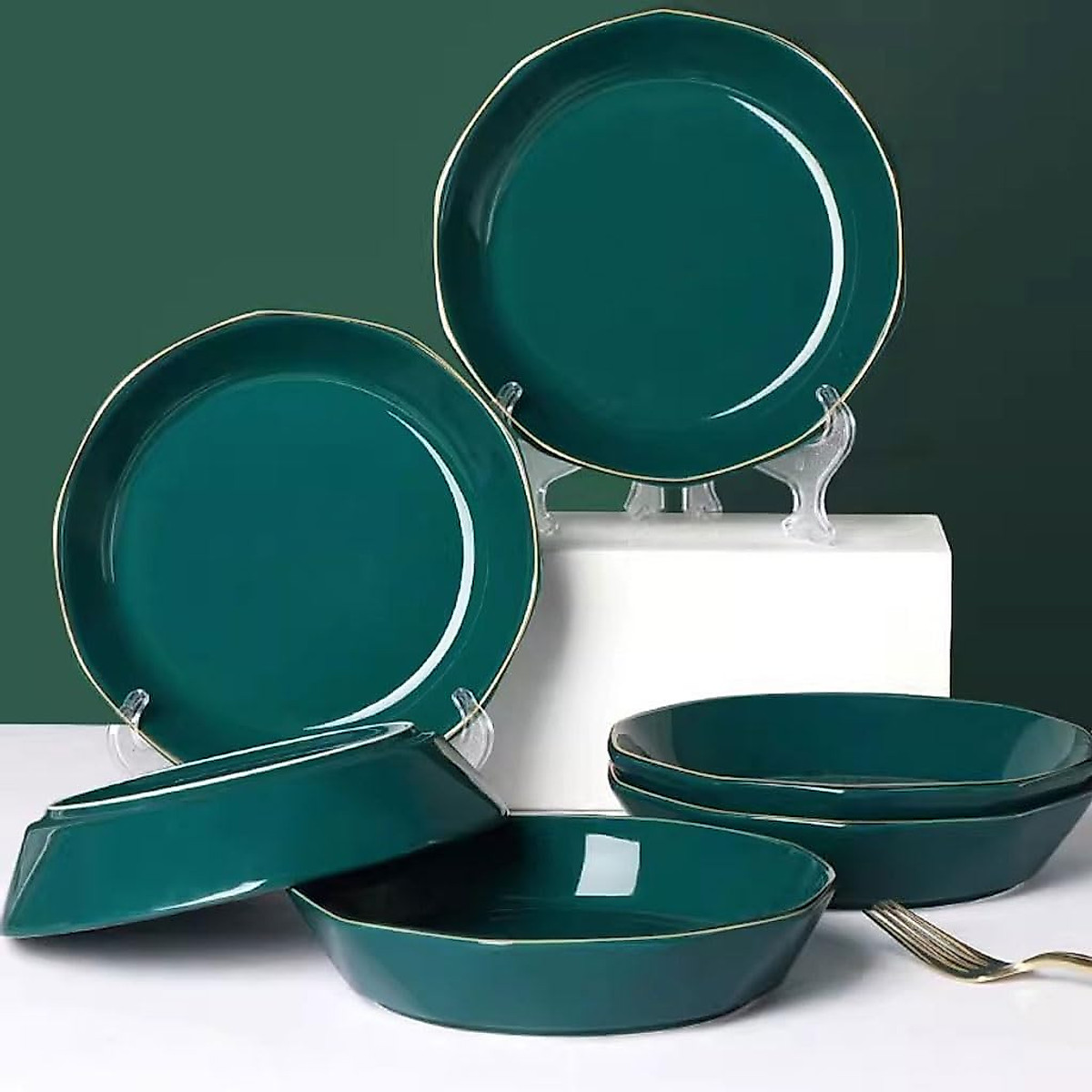 ESTELAR Dinner Plates Set Nordic Light Luxury Ceramic Plate Dish Plate Home Tableware Set Dark Green Gold Edge Plate Creative Dessert Plate Kitchen Salad Bowl (Color : 7inch, Size : 4pcs)