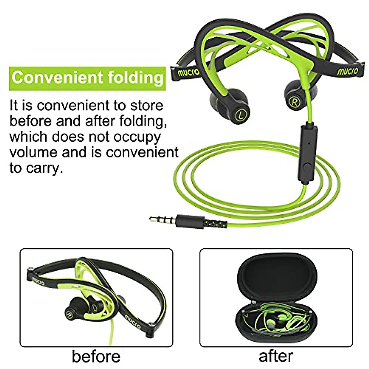 mucro Wired Over-Ear Headphones Sports Running Foldable Headphones Behind The Neck Headphones for Jogging Gym Workout with Microphone