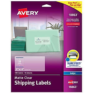Avery Clear Easy Peel Shipping Labels for Inkjet Printers 2" x 4", Pack of 100 (18863),White