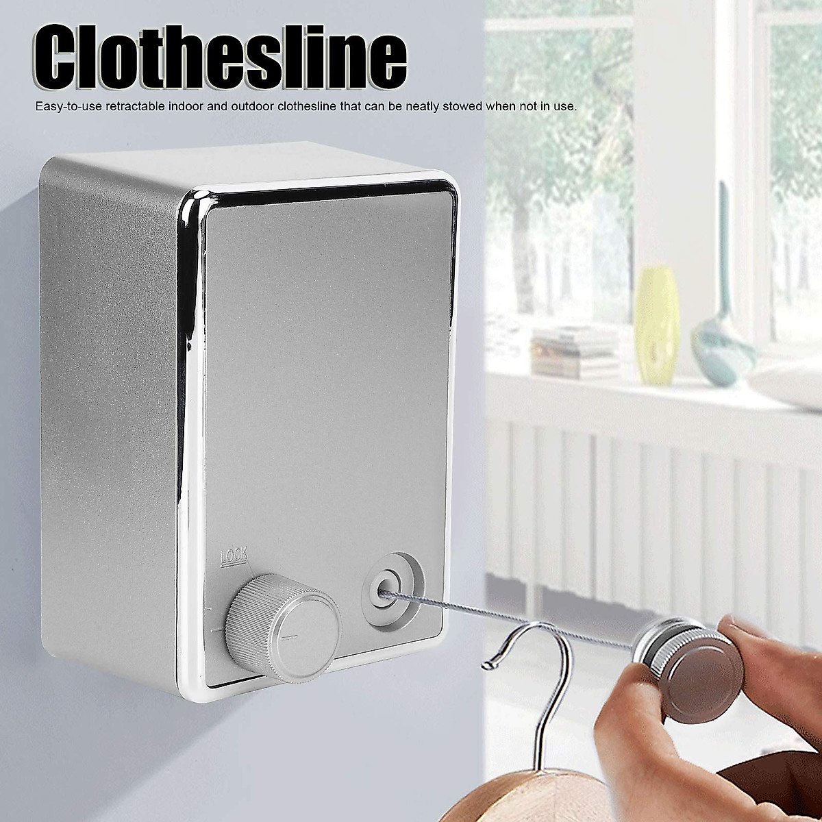 Hapivida Retractable Clothesline, 13.8Ft Stainless Steel Indoor Clothes Line Retracting Adjustable Wall Mounted Heavy Duty Retractable Laundry Line (Silver)