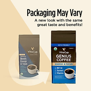 VitaCup Organic Genius Ground Keto Coffee, Increase Energy & Focus w/MCT Oil, Turmeric, B Vitamins, D3, USDA Organic Ground Coffee Medium Dark Roast, Bold & Smooth, 100% Arabica Coffee Grounds, 10 oz