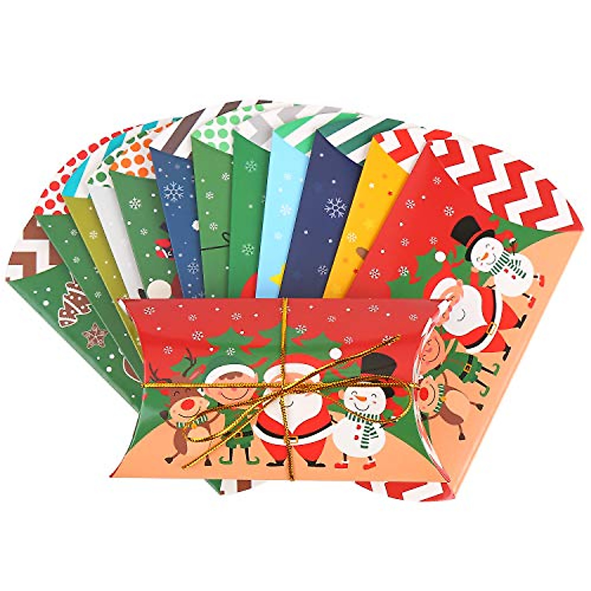 DIYASY Christmas Pillow Boxes,60 Pcs Gift Card Holders Small Treat Box in12 Xmas Designs for Small Gifts with Gold Twine