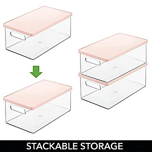 mDesign Plastic Storage Bin Box Container, Lid - Built-In Handles - Organization for Toys, Games, or Accessories in Play or Game Room, Cabinet, Shelves, or Cubby, Ligne Collection, 2 Pack, Clear/Pink