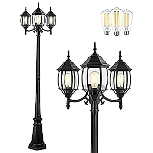 PARTPHONER Outdoor Lamp Post Light 3-Head, Classic Black Light Pole with Clear Glass Panels, E26 Base Maximum 100W (3 LED Bulbs Included), Waterproof Street Light for Backyard, Garden, Driveway