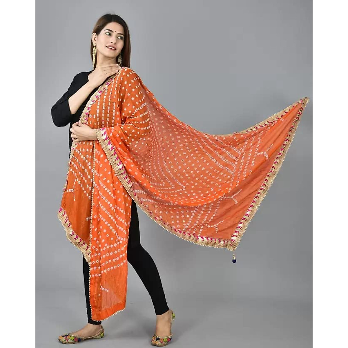 SAHIBA Handicraft India Women's Tafeta Silk Dupatta Bandhani Bandhej Jaipuri Rajasthani Dupatta (Orange), 2.25 Meters ( 88 x 42 Inches)