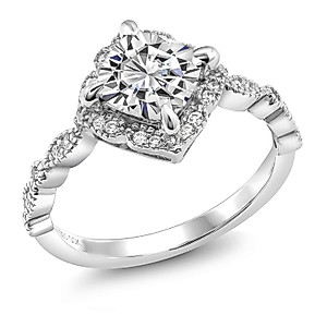 Gem Stone King 925 Sterling Silver White Moissanite Solitaire Ring For Women (2.04 Cttw, Cushion Cut 7MM, Gemstone, Available in Size 5, 6, 7, 8, 9)