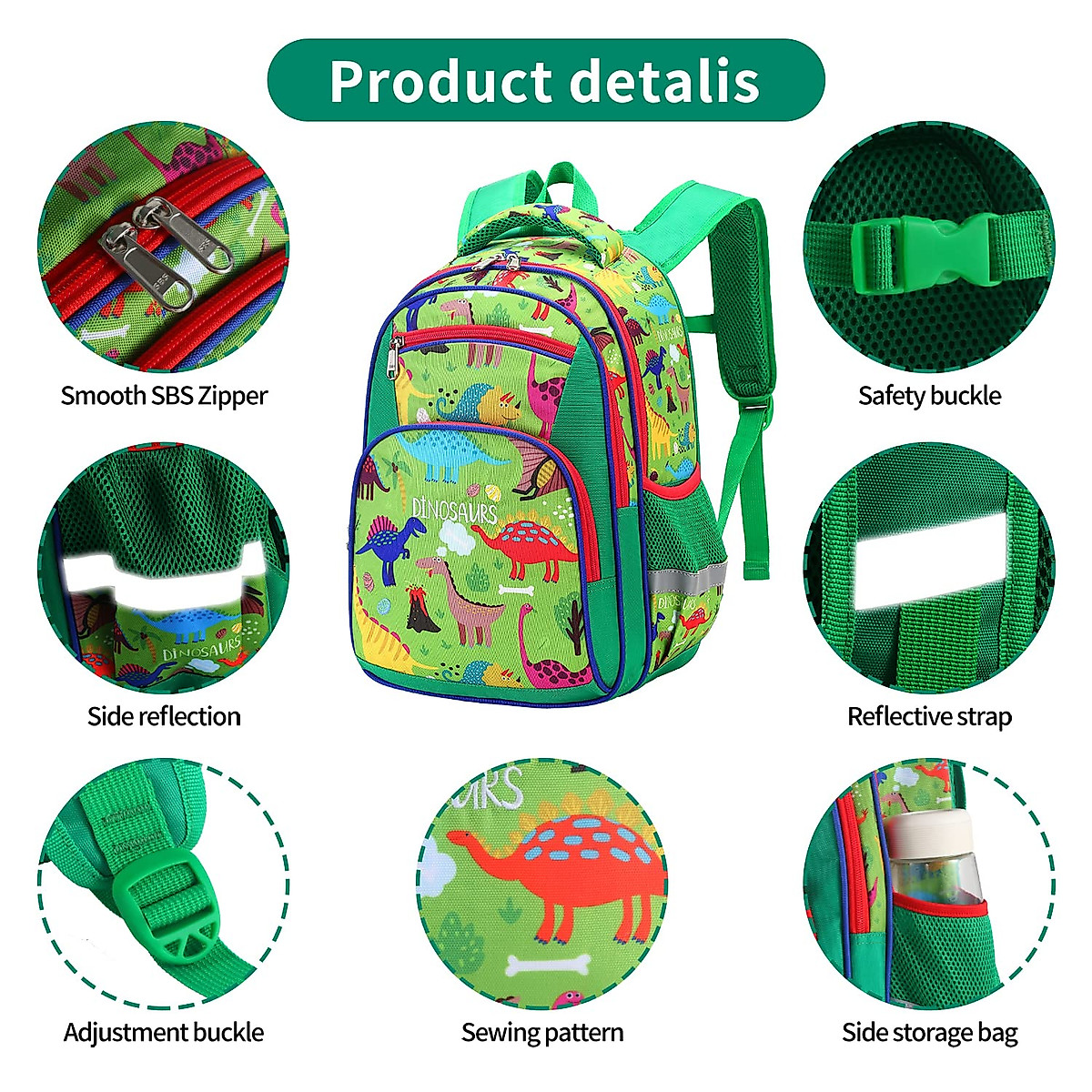 Moonmo Kids Backpack Boys, Kids Bookbag Elementary Preschool Kindergarten Supplies for Boys,boys school backpack with compartments for 5+ (Green Dinosaur)