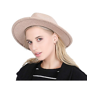 Lanzom Women Lady Felt Fedora Hat Wide Brim Wool Panama Hats with Band Fit Size 6 8/7-7 1/4(E-Beige)