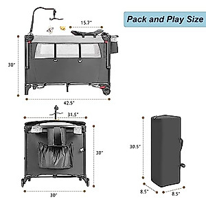 5-in-1 Pack and Play, Baby Bassinet Bedside Sleeper with U-Shaped Diaper Changer, Portable Baby Playard for Newborn Toddlers, Baby Crib with 4 Adjustable Height, Carry Bag, Easy to Install