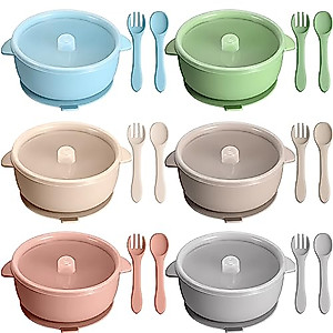 Tanlade 6 Pack Baby Silicone Suction Bowls with Lid Spoon Fork BPA Free Baby Led Weaning Food Bowl Toddler Food Storage Bowl Dishwasher Microwave Safe Feeding Set