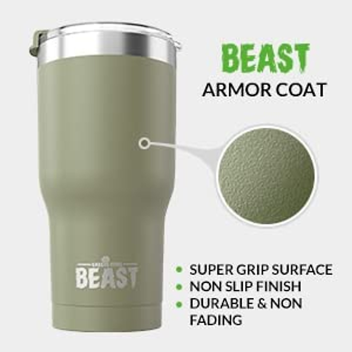BEAST 20 oz Army Green Tumbler Set with Handle - Stainless Steel Coffee Cup + 2 Straws Brush, Gift Box & Black Handle