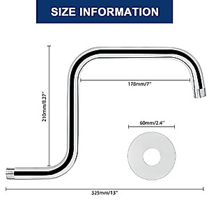 NearMoon S Shape Shower Extension Arm with Flange, Stainless Steel High Rise Shower Head Extender Pipe, Horizontal Extension Standard 1/2" Connection- Bathroom Accessory, 13 Inch (Chrome Finish)