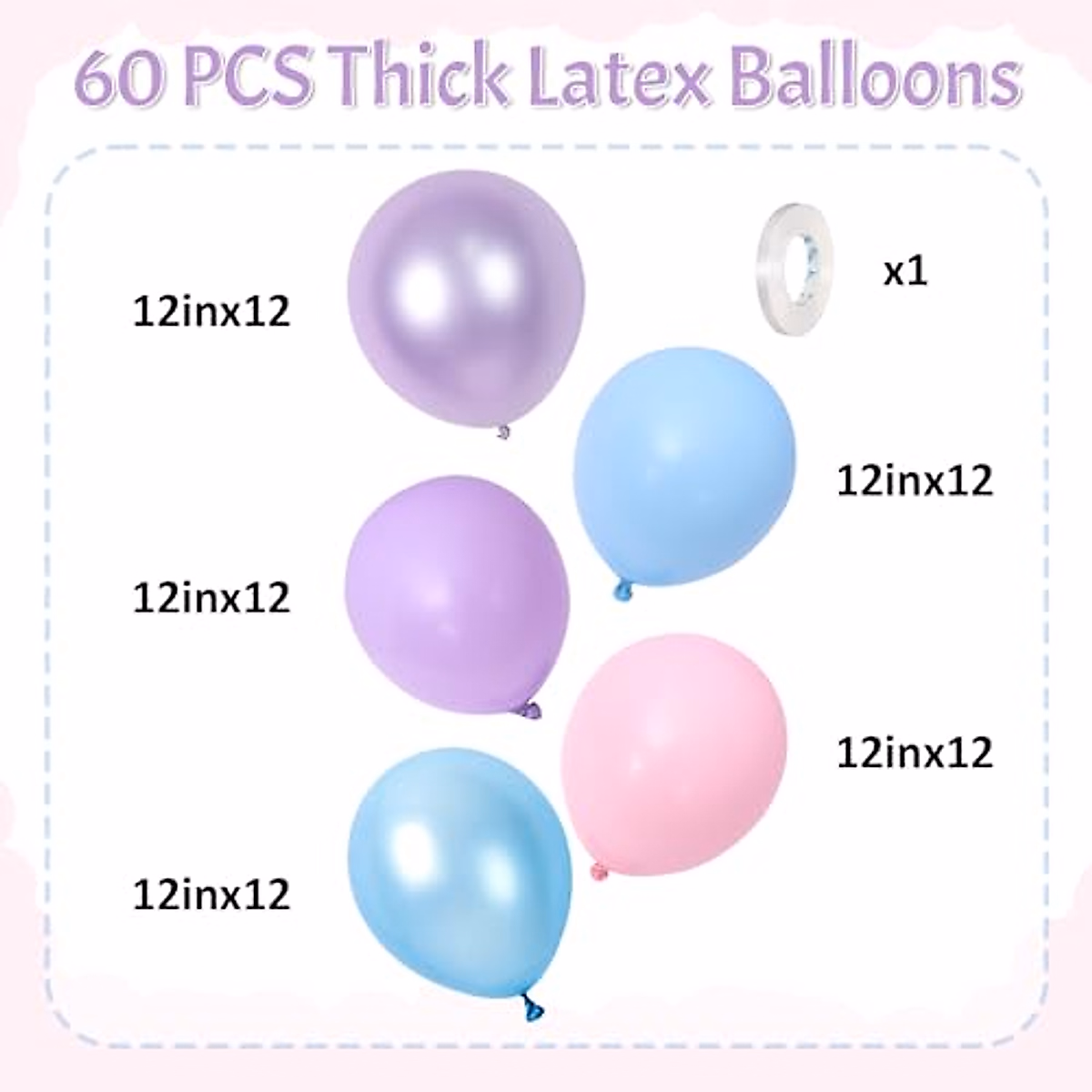 HILAVO Pink Purple Blue Balloons 60Pcs 12 Inch Pastel Pink Blue Purple Party Balloons Metallic Pearl Blue Purple Latex Balloon for Girl Mermaid Winter Frozen Birthday Baby Shower Party Decoration