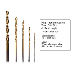 50PCS, 1/16", 5/64", 3/32", 7/64", 1/8", 10pcs for Each,Titanium Twist Drill Bits