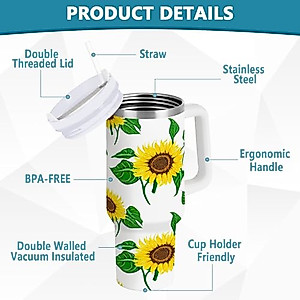 RPLIFE Bright Sunflowers Green Leaves 40 Oz Tumbler with Handle and Straw, Stainless Steel Water Bottle with Straw, Tumbler for Men