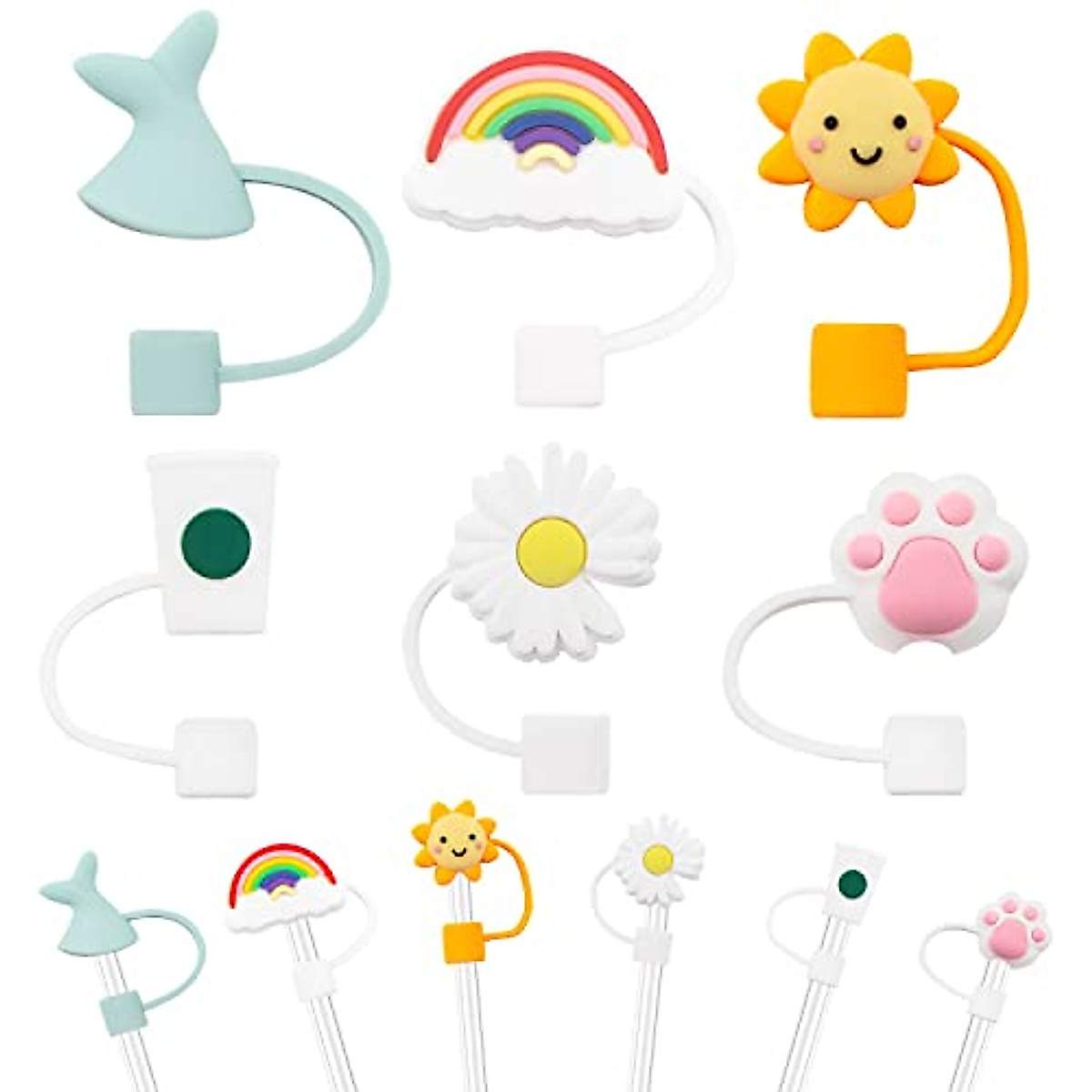 6 Pieces Silicone Straw Cover Cute Straw Tips Cover Reusable Silicone Straw Toppers for 6-8 mm Straw Protector, Anti-dust Airtight Seal Splash Proof (Not include Straw)